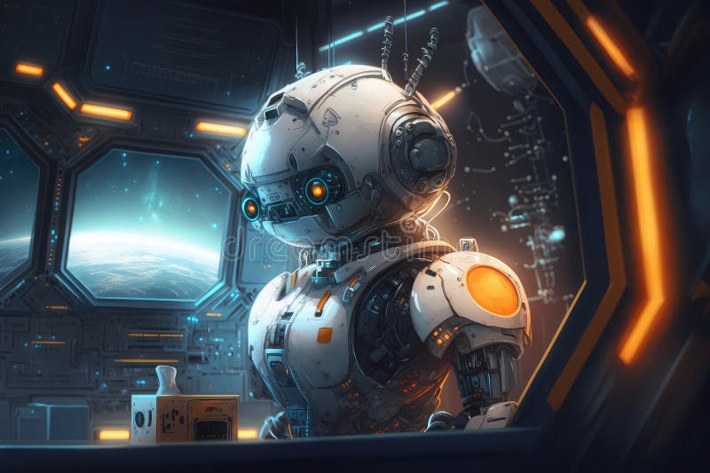 Chatbot Robot in Futuristic Space Station, Communicating with Other ...