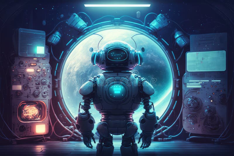 Chatbot Robot in Futuristic Space Station, Communicating with Other ...
