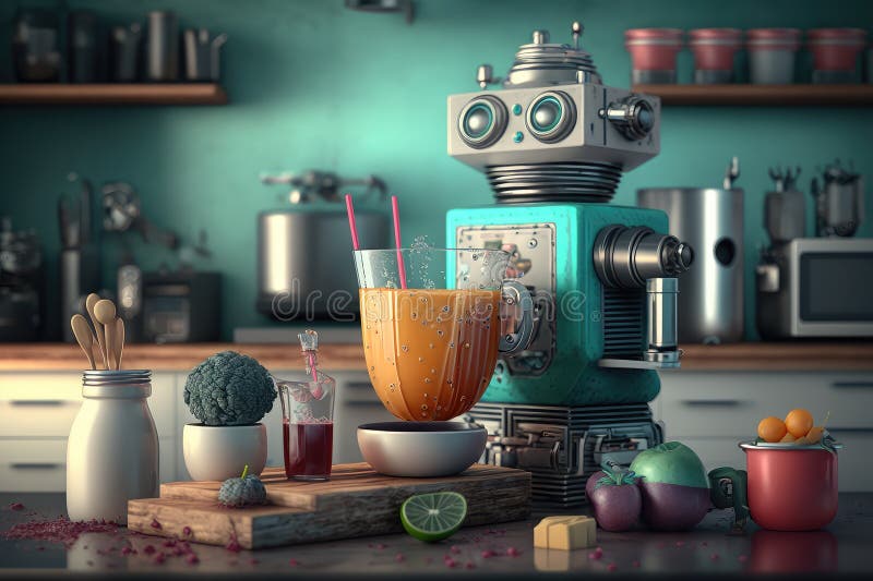 Chatbot Robot Making Smoothie in the Kitchen, with Ingredients and ...