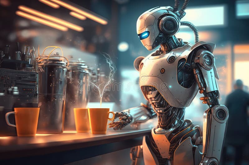 Chatbot Robot Serving Coffee in Futuristic, High-tech Cafe Stock ...