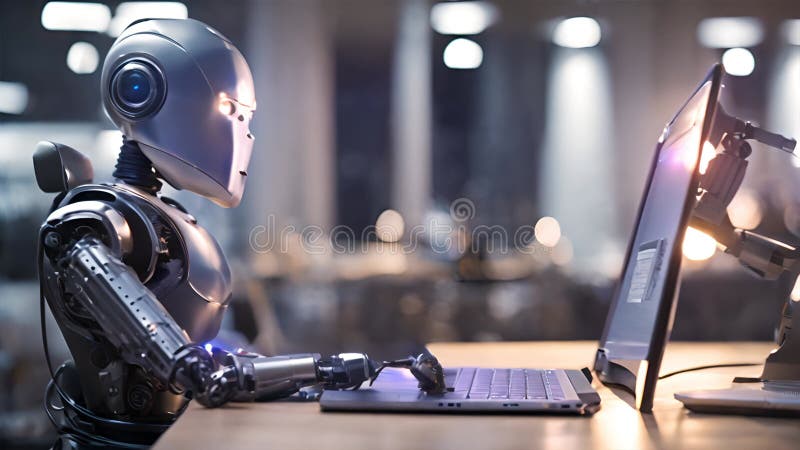 Chatbot Robot Typing on a Laptop Computer Sitting at a Desk. Chatbot ... Chatbot Robot Typing on a Laptop Computer Sitting at a Desk. Chatbot ...