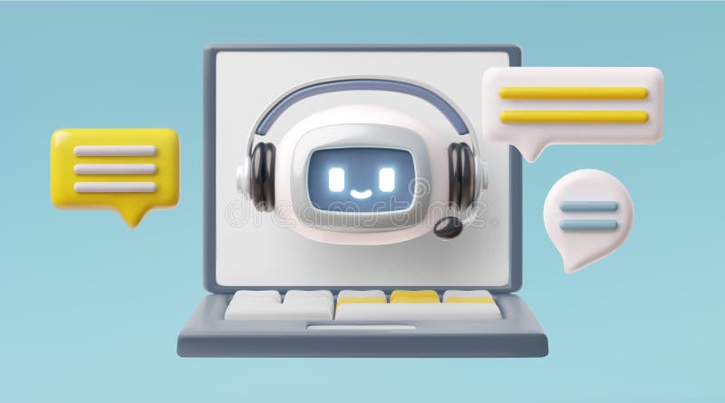 Chatbot Support, 3D Robot Head on Laptop with Speech Bubbles. Stock ...