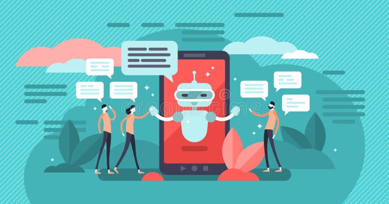Chatbot Vector Illustration. Mini Persons Talk with Digital Robot ...