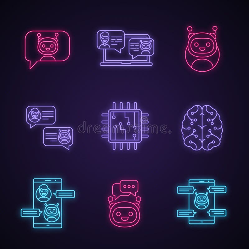 Chatbots Neon Light Icons Set Stock Vector - Illustration of machine ...