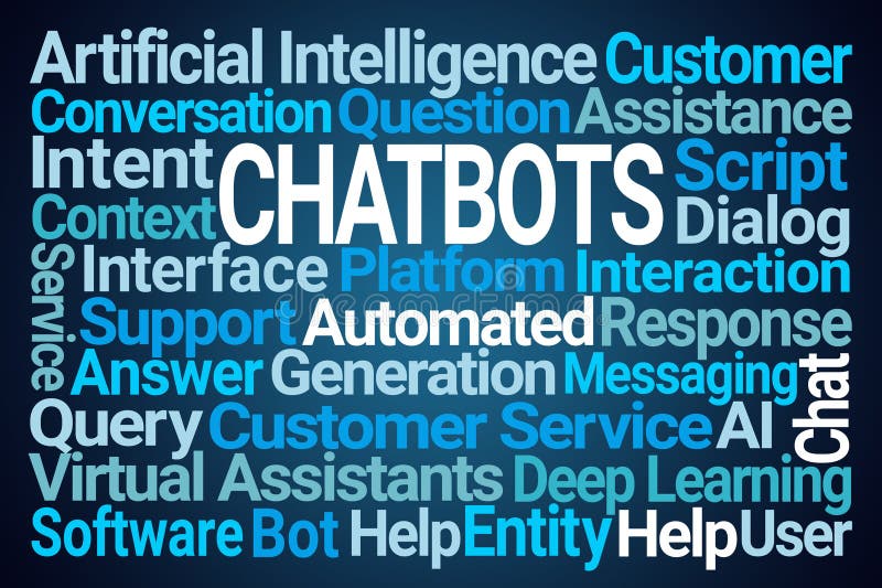 Chatbots Word Cloud on Blue Background Stock Photo - Image of ...