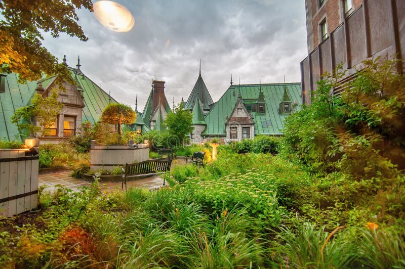 Chateau De Frontenac Garden at Night, Quebec City Castle, Canada Stock ...