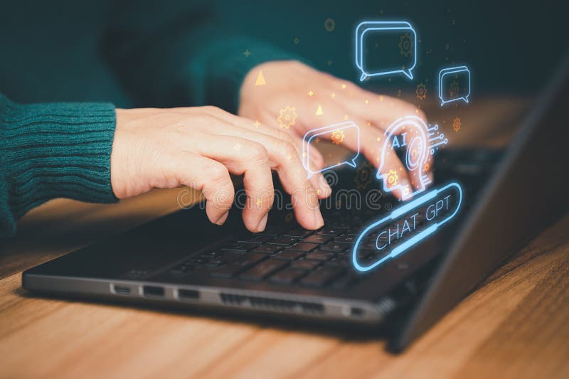 ChatGPT Chat with AI, Artificial Intelligence. Adult Man Chatting with ...