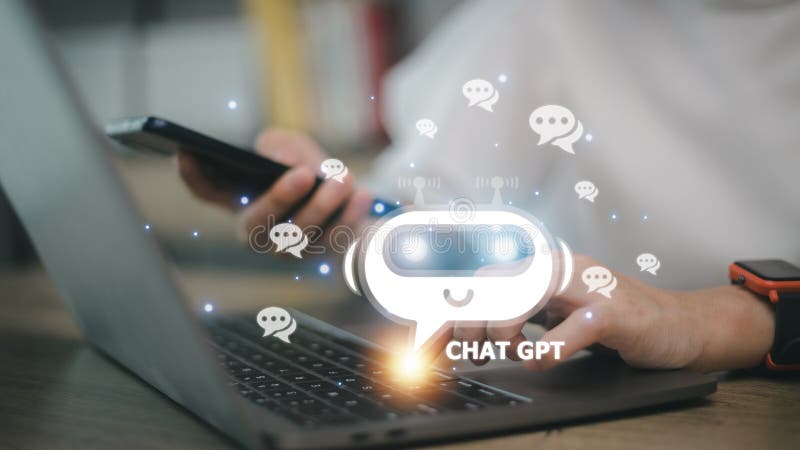 ChatGPT Chat with AI or Artificial Intelligence. Woman Chatting with a Smart AI or Artificial ...