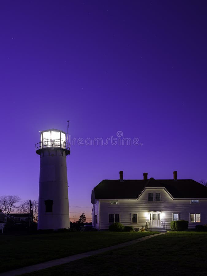 Tall Nightscape of Light House Against Clean Blue Sky. Chatham Light ...