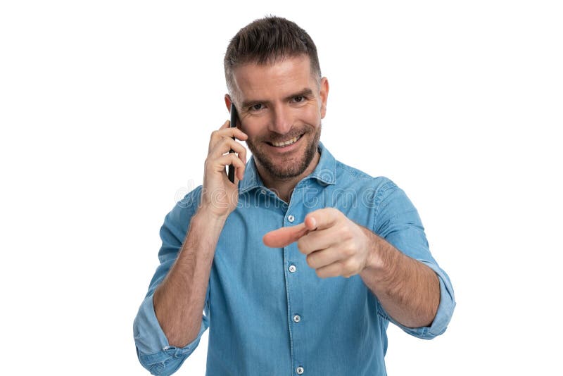 Chatty Guy Having a Conversation on the Phone and Pointing Finger Stock ...