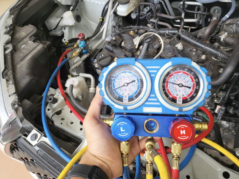 Check the Air Conditioning Refrigerant Pressure on the Car Stock Image ...