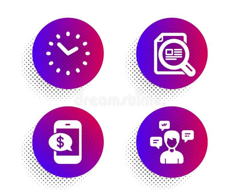 Check Article, Phone Payment and Time Icons Set. Conversation Messages ...