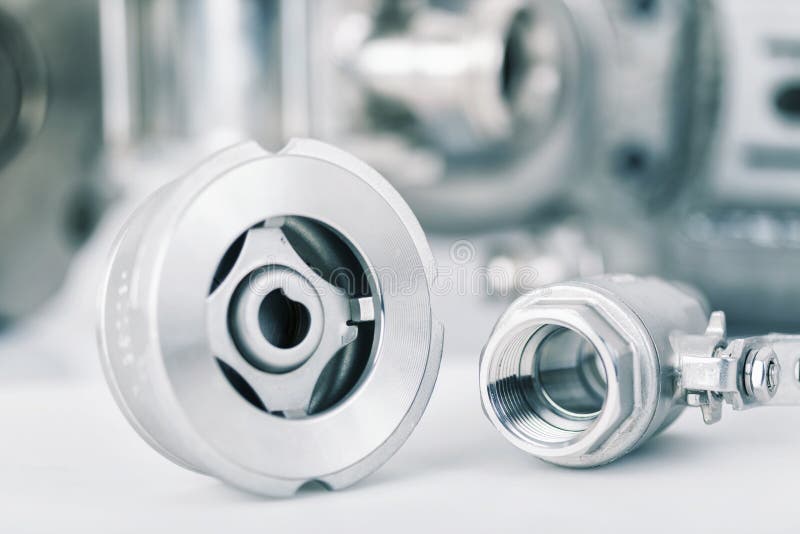 Check and Ball Valve with Selective Focus on Thread Fittings. Stock ...