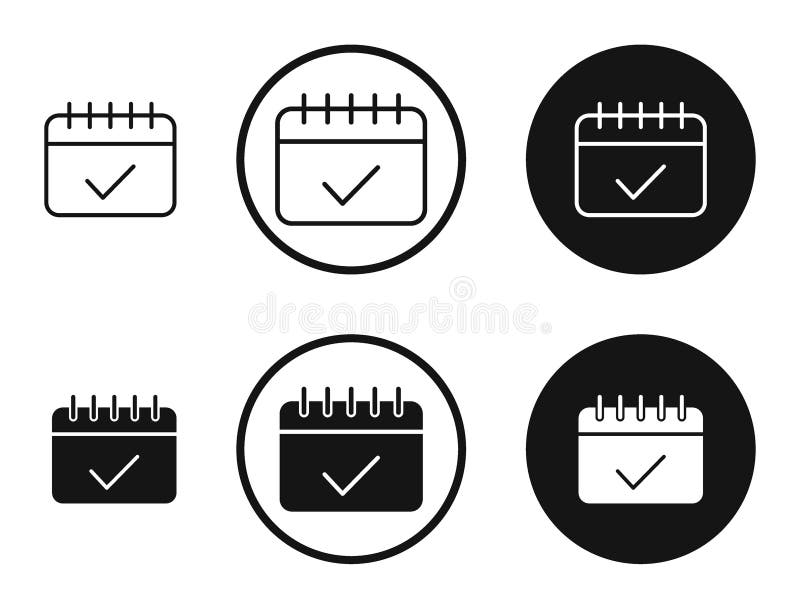 Check in Calendar Vector Icon Set in Black and White Outlines Stock ...