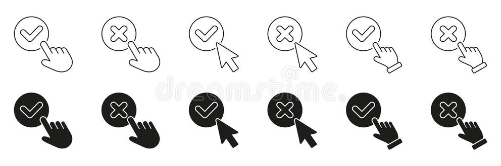 Check and Cross Mark Interaction Line and Solid Icon Set. Click and ...