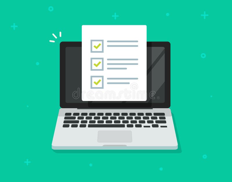 Check List Document on Laptop Vector, Flat Cartoon Computer with Paper ...