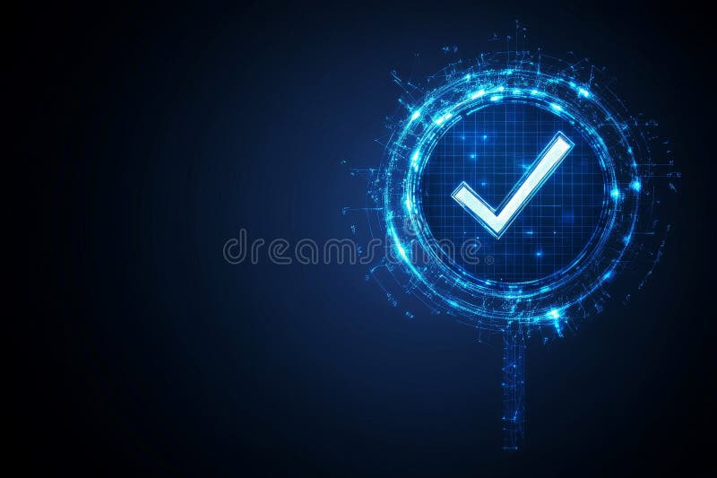 Check Mark on Blue Abstract Background. Quality Control, Assurance ...