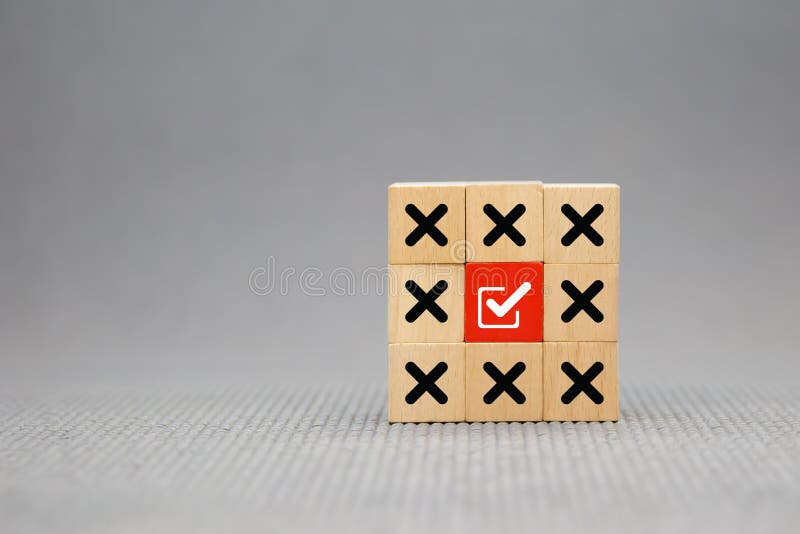 Check Mark with Cross Symbol on Cube Wooden Toy Block Stack for True or ...