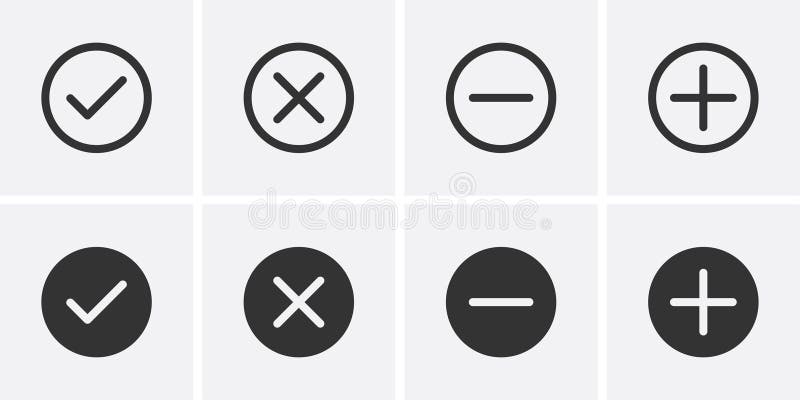 Check Mark and Cross Symbol Icon Vector. Plus and Minus Symbol Icon ...