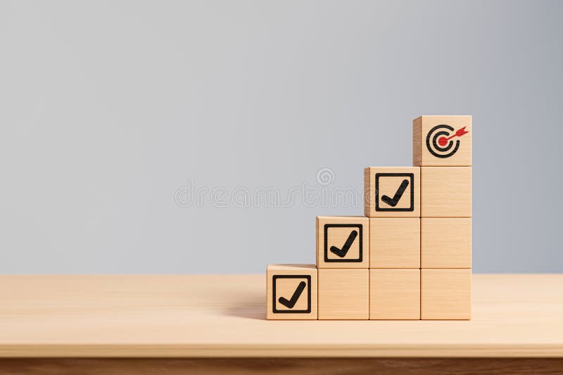 Check Mark and Dartboard from Top of Wooden Cube Stacks Stock ...