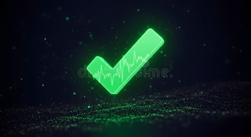 Check Mark Glowing with Patterns in a Dark Digital Space with Confetti ...