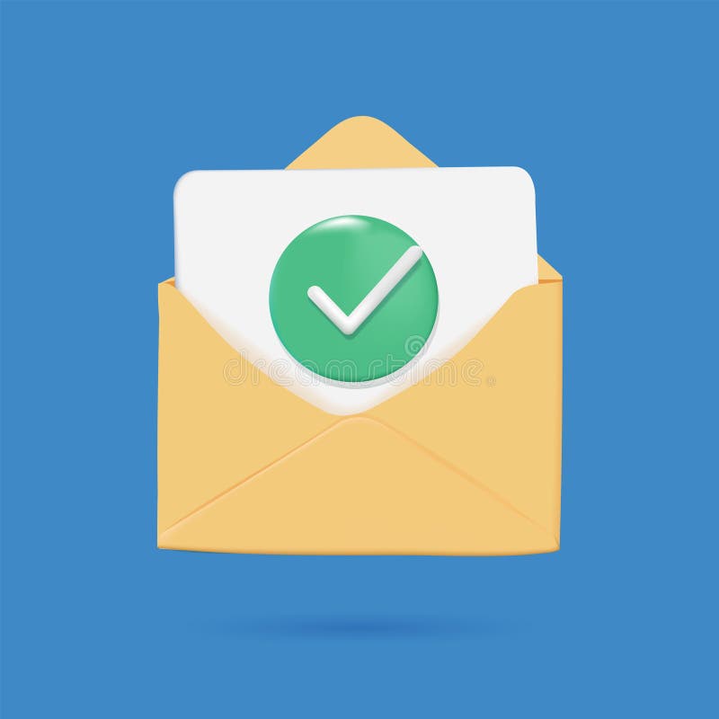 Check Mark Icon. Approvement Concept. Document and Postal Envelope. 3d ...