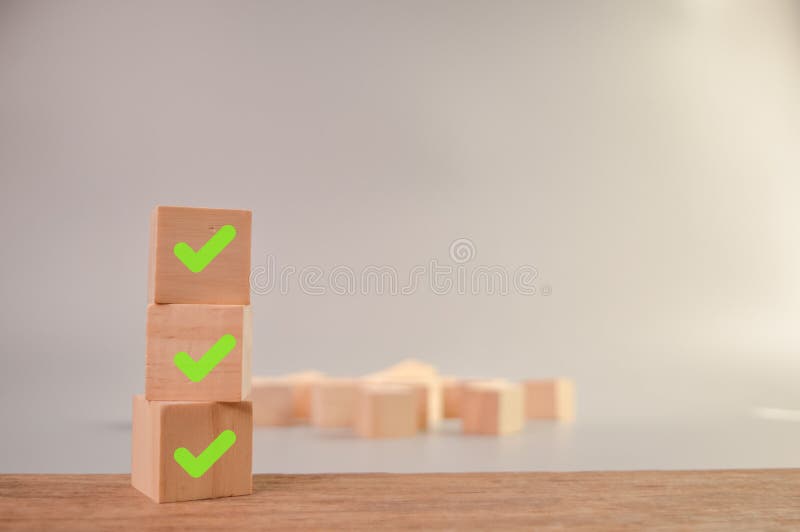Check Mark Icons on Wooden Cube Blocks Stock Photo - Image of check ...