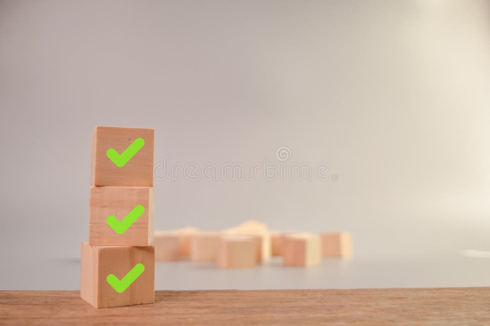 Check Mark Icons on Wooden Cube Blocks Stock Photo - Image of check ...