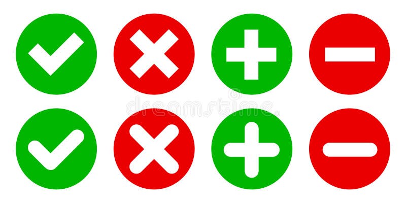 Check Mark, X Mark, Plus and Minus Symbol Set in Circle Shape Stock ...