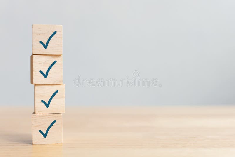 Check Mark on Wooden Blocks on Table with Copy Space Stock Image ...