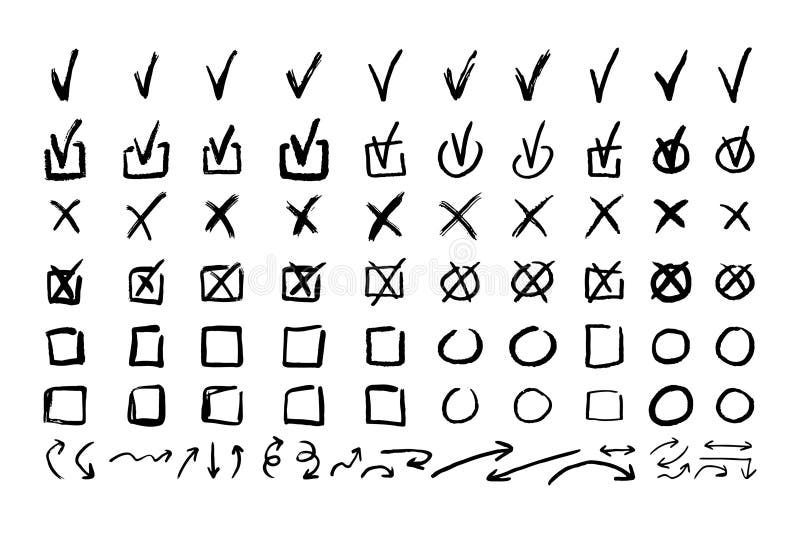 Check Marks Doodle Black Line Element Set, Tick and a Cross, Empty Thin ...