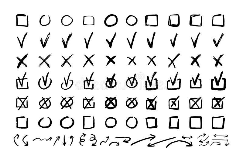 Check Marks Doodle Black Line Element Set, Tick and a Cross, Empty Thin ...
