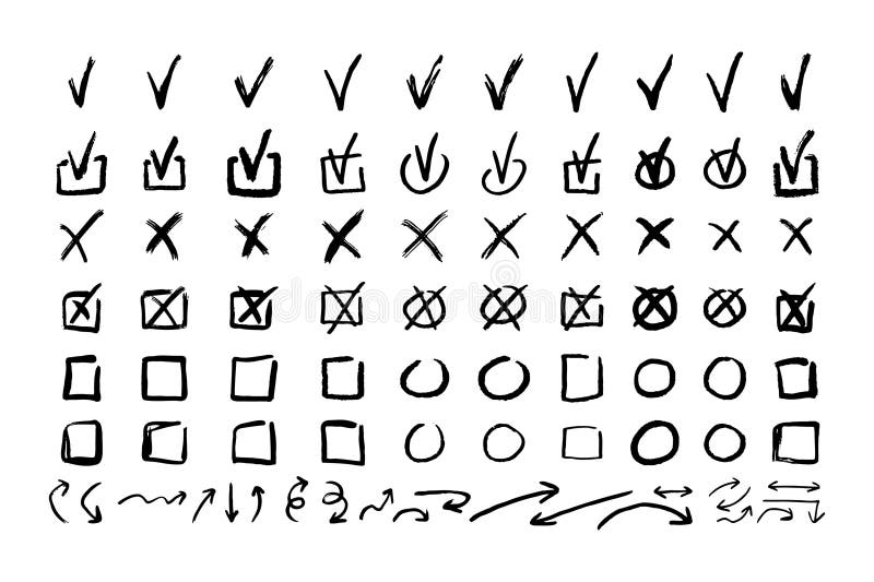 Check Marks Doodle Black Line Element Set, Tick and a Cross, Empty Thin ...