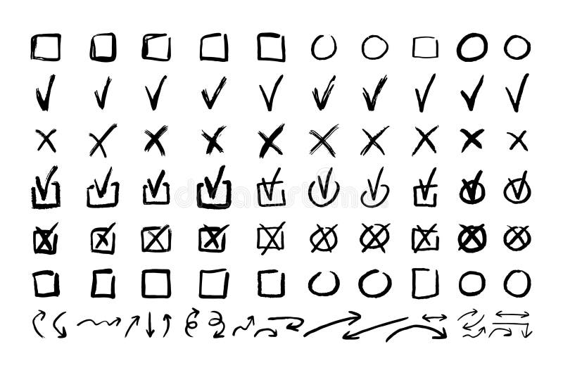 Check Marks Doodle Black Line Element Set, Tick and a Cross, Empty Thin ...