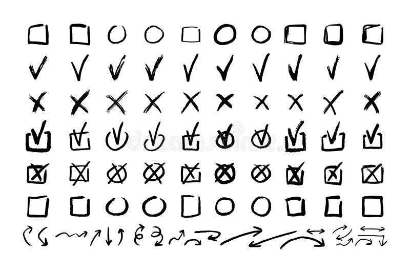 Check Marks Doodle Black Line Element Set, Tick and a Cross, Empty Thin ...