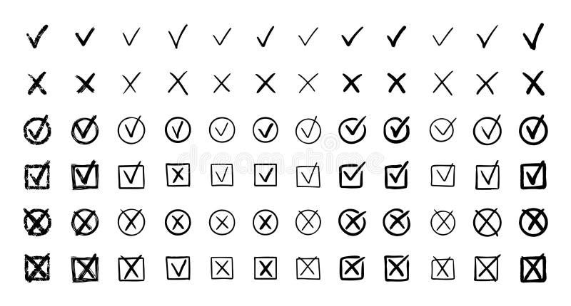 Check Marks Hand Drawn Doodle Set. Tick, Cross Signs for Checkbox ...