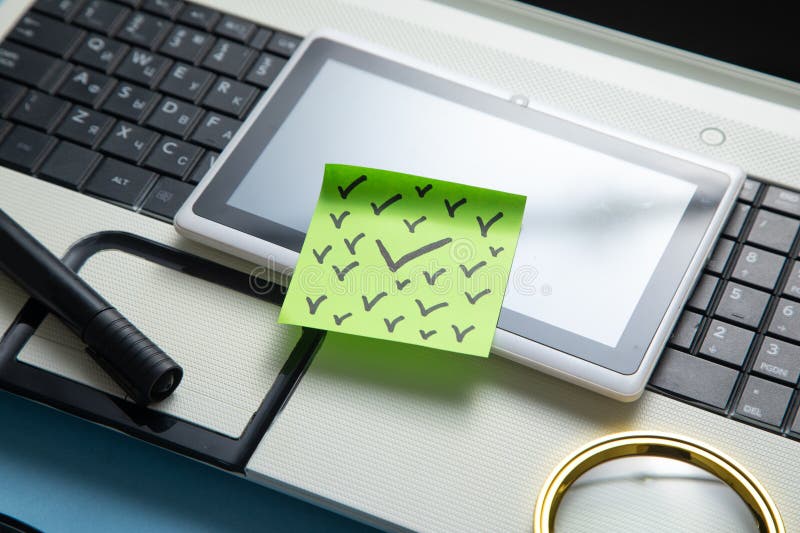 Check Marks on Sticky Note on the Blue Background Stock Photo - Image ...