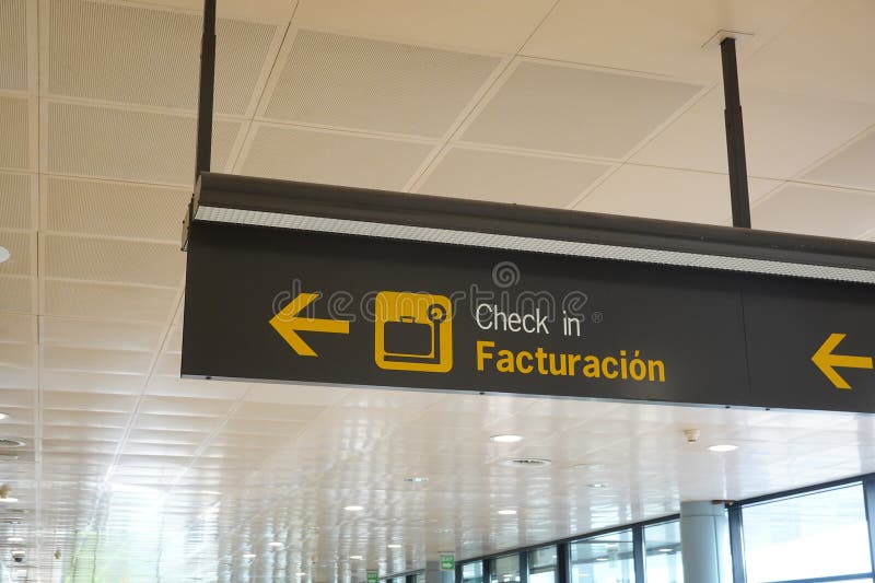 Check-in Sign Hanging from Airport Ceiling Guiding Passengers Stock ...