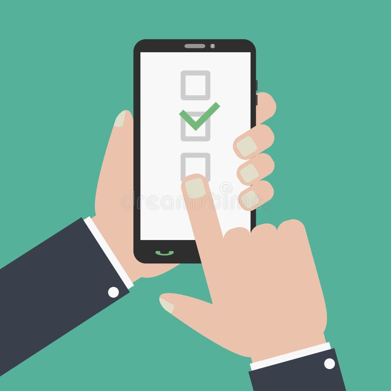 Checkboxes and Checkmark on Smartphone Screen. Hand Holds Phone Stock ...