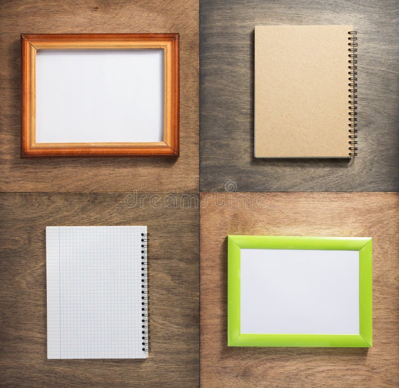 Checked Notebook and Picture Frame at Wood Stock Image - Image of ...