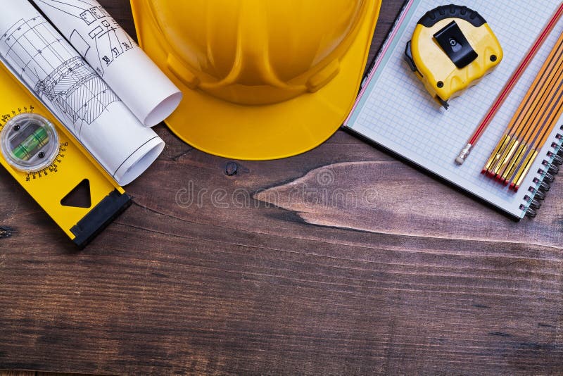 Checked Notepad Pencil and Construction Objects on Stock Image - Image ...