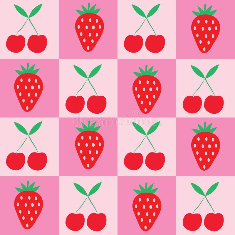 Checkered Cherries and Strawberries on White and Pink Checkerboards ...