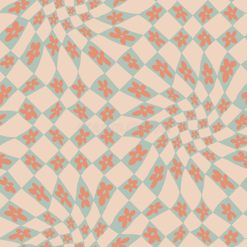 Checkered Daisy Flowers Psychedelic Seamless Print in 60s and 70s Style ...