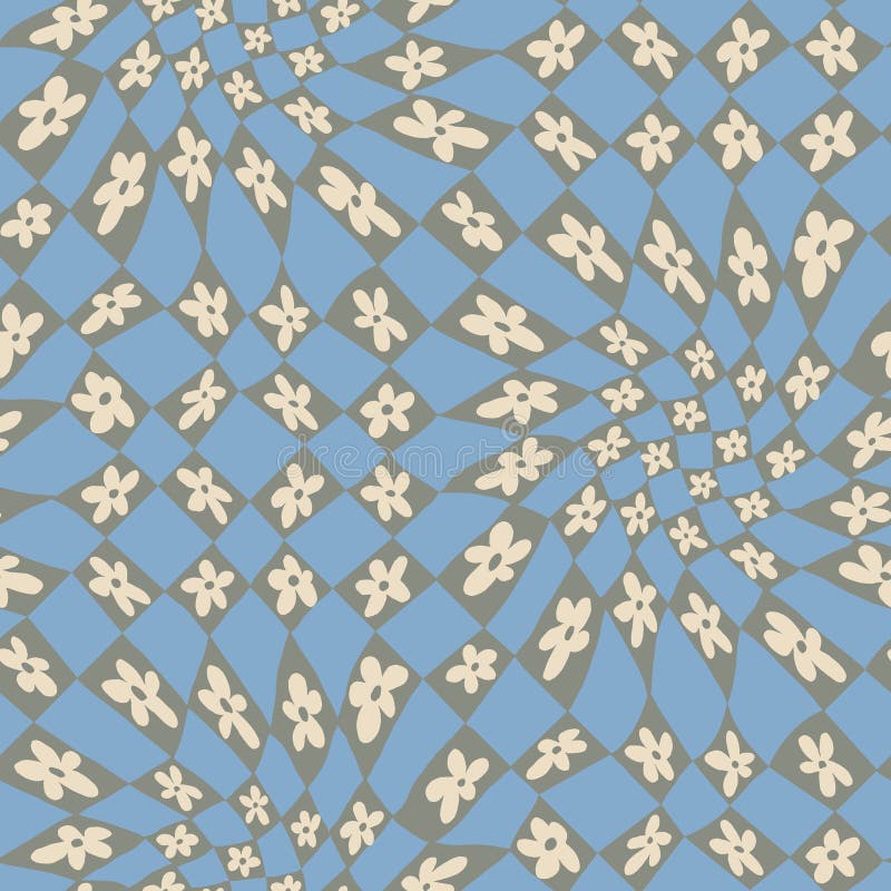 Checkered Daisy Flowers Psychedelic Seamless Print in 60s and 70s Style ...