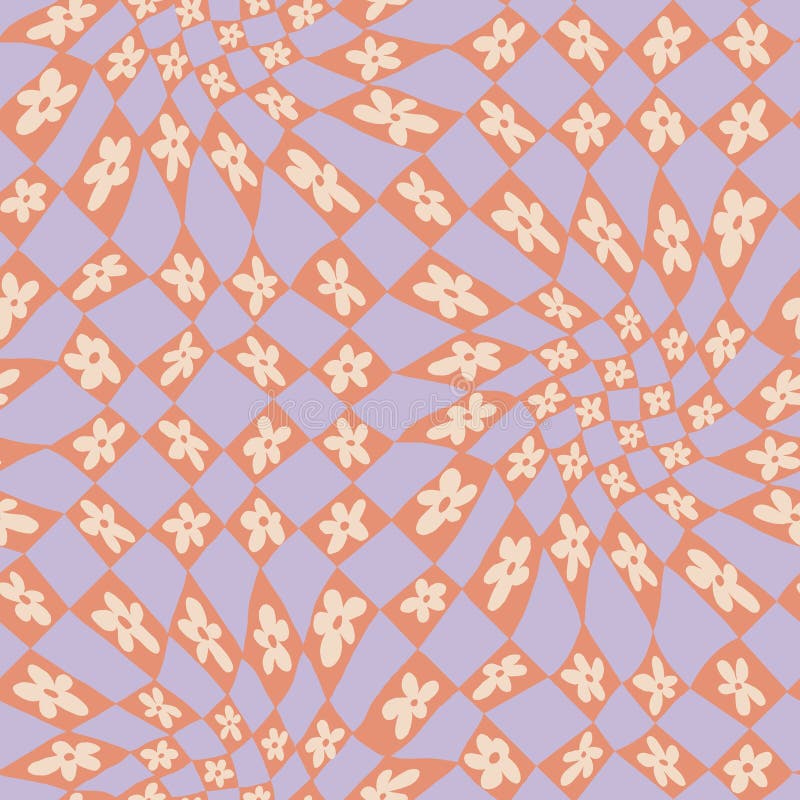 Checkered Daisy Flowers Psychedelic Seamless Print in 60s and 70s Style ...