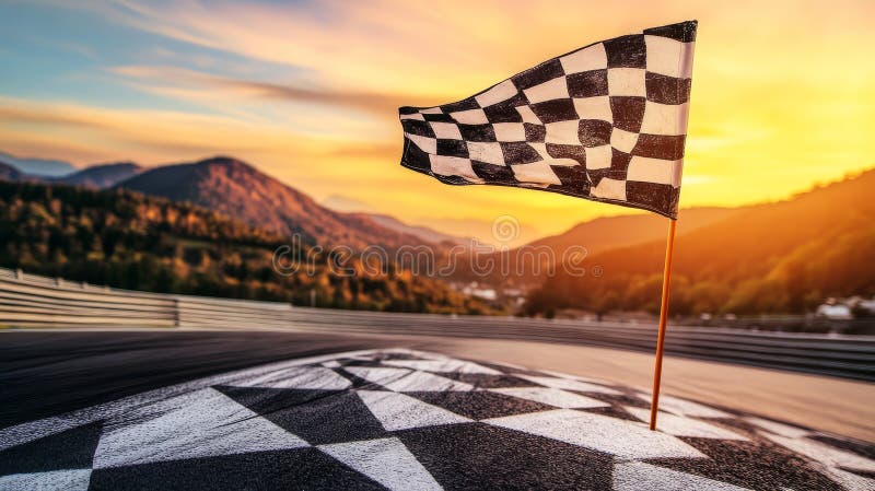 Checkered Finish Line Flag Waving Over Racetrack with Setting Sun and ...