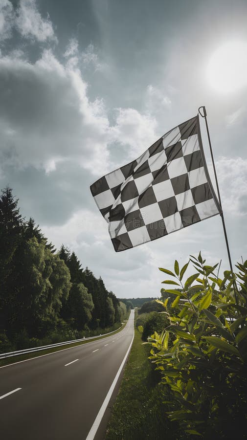 Checkered Flag Waves Over a Straight Road Bordered by Lush Trees Stock Illustration ...