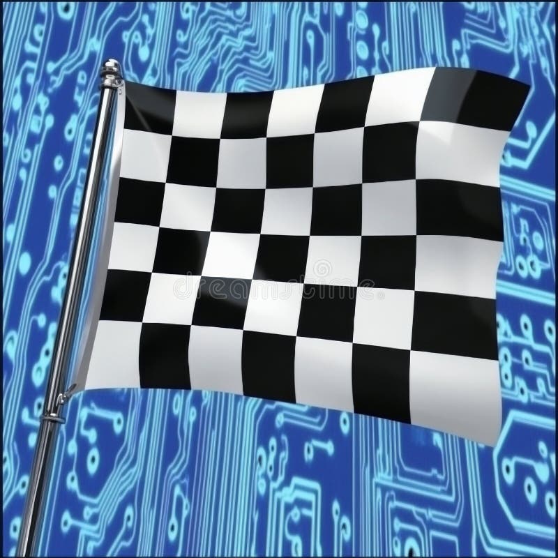 Checkered Flag Waving Against a Blue Circuit Board Background, Concept ...