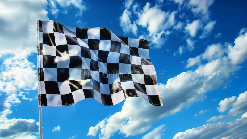 A Checkered Flag Waving Against a Blue Sky Background, Symbolizing a ...
