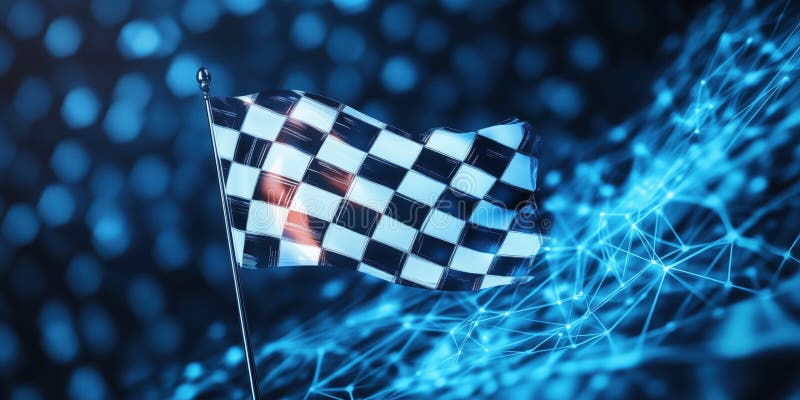 Checkered Flag Waving in Digital Blue Background with Abstract Network ...